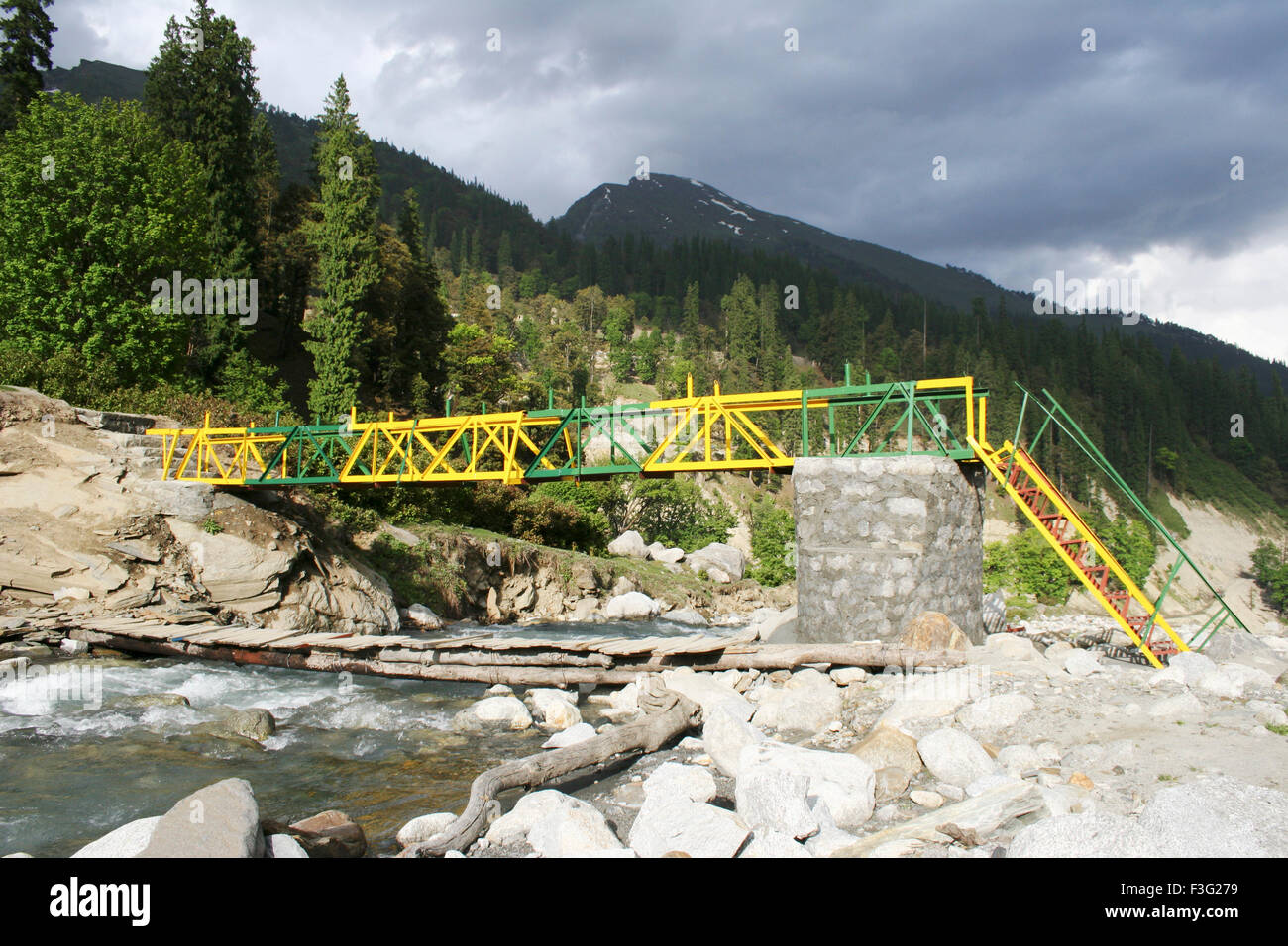 Bridge to Dhundi camp ; Dhundi ; Manali ; Himachal Pradesh ; India ...