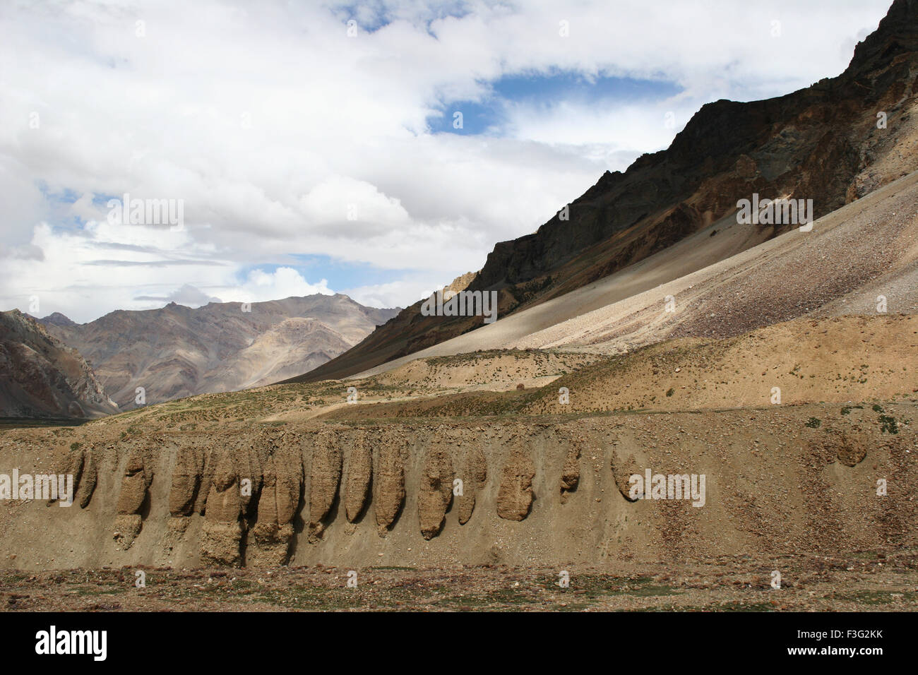 Sand formations alongside mountain ; Sarchu Village ; Lahul and Spiti ...
