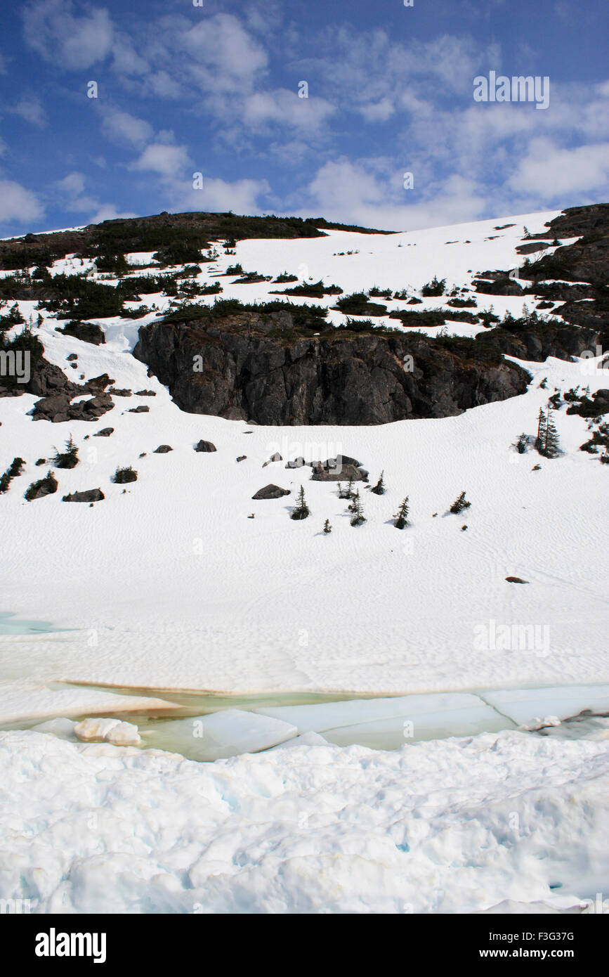 Snow capped mountains seen in white pass and Yukon route narrow gauge ...