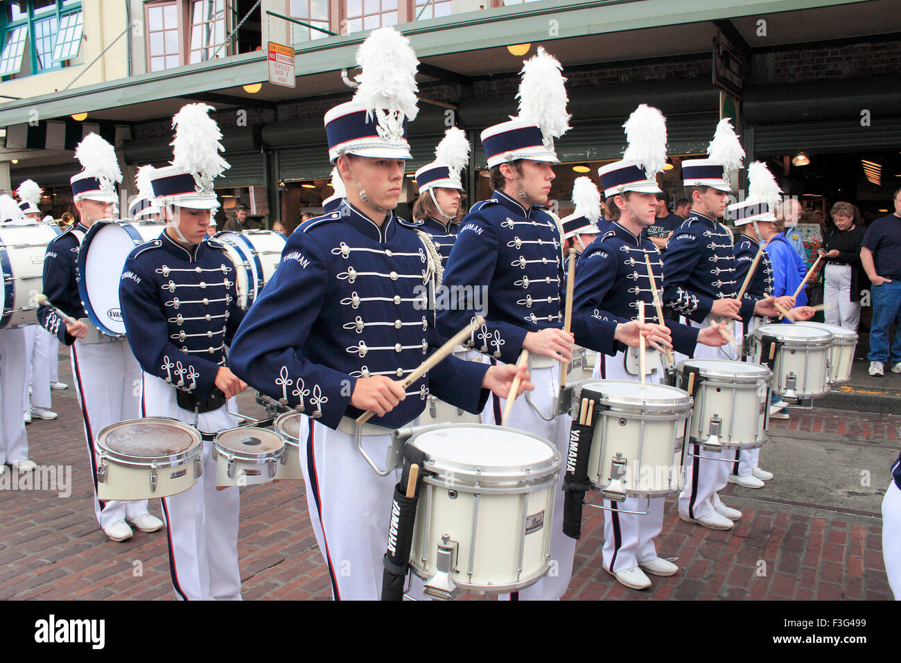 Music parade on street ; playing horn brass instrument ; Seattle ...
