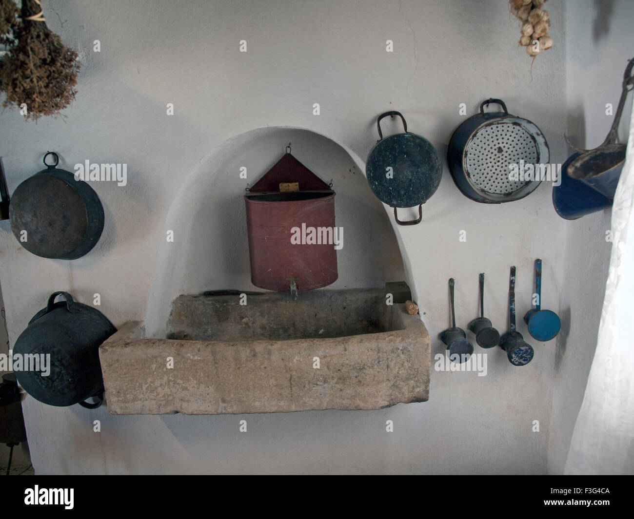 An old Greek kitchen in a folklore museum in Sinarades, Corfu Stock ...