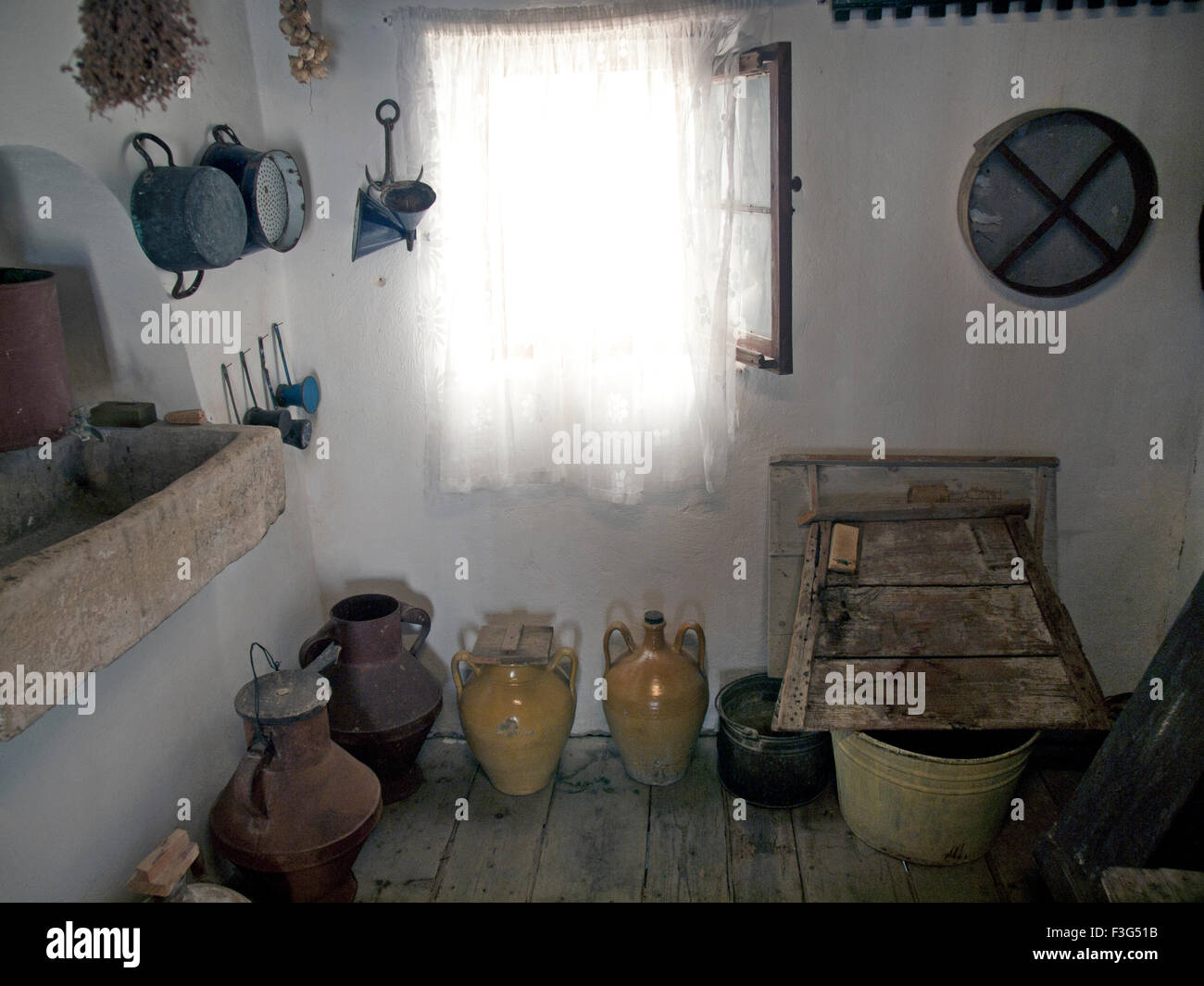 An old Greek kitchen in a folklore museum in Sinarades, Corfu Stock ...