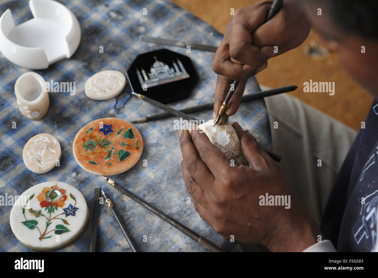 Man doing marble inlay work ; Agra; Uttar Pradesh; India Stock Photo ...