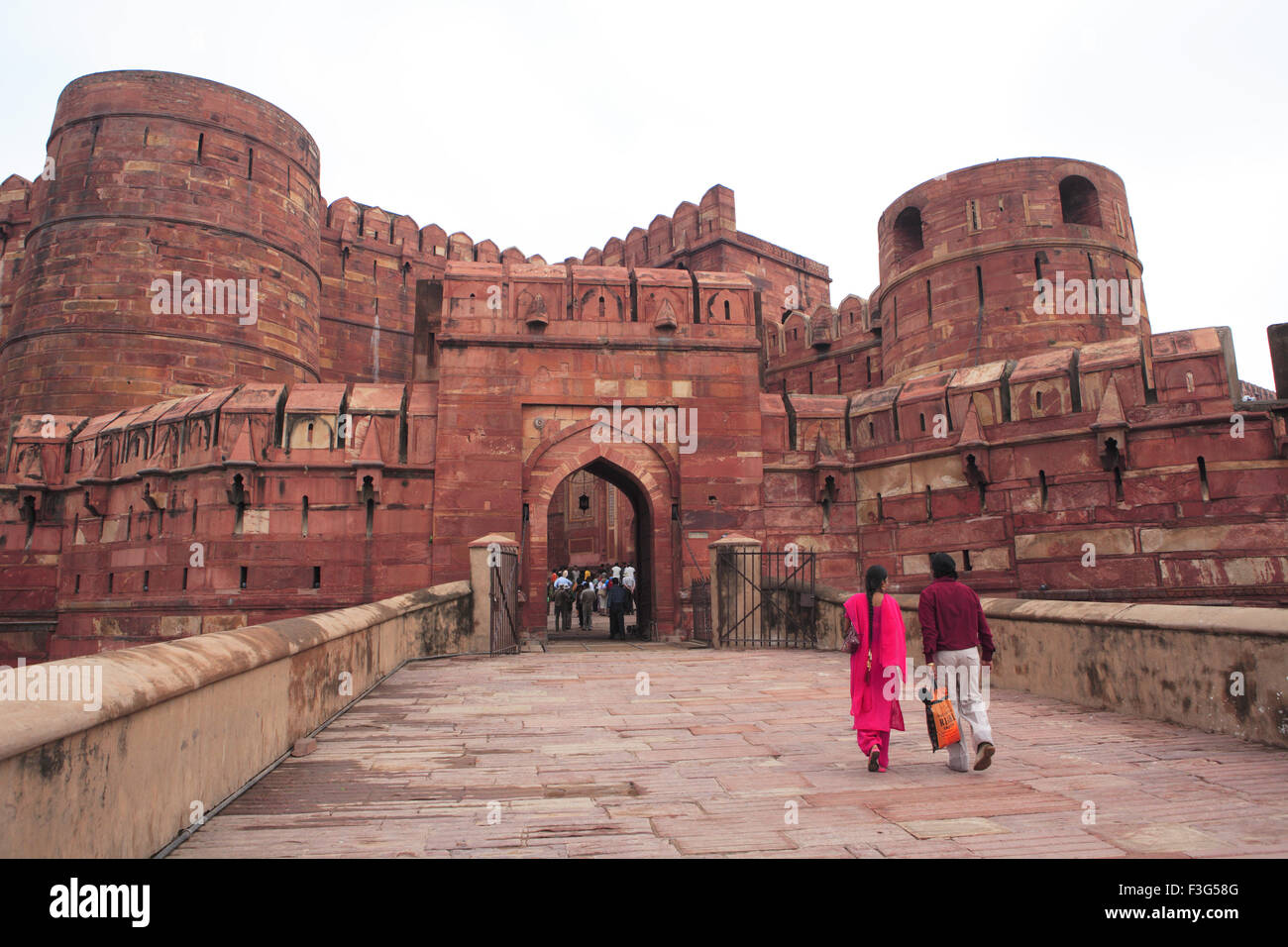 Tourists at Agra fort built 16th century Mughal emperor made red sand ...