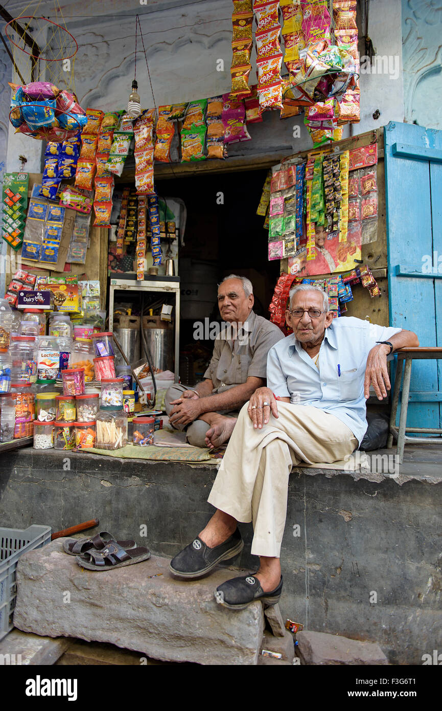 Unidentified two old man at the small shop in the street of Jodhpur ...