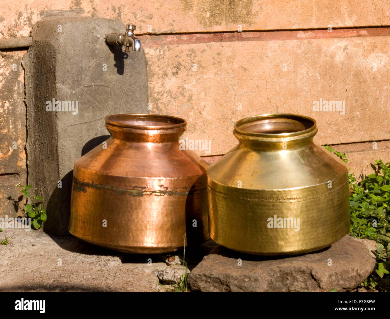 Brass water pots, waiting for water, village water tap, Wai, Satara ...