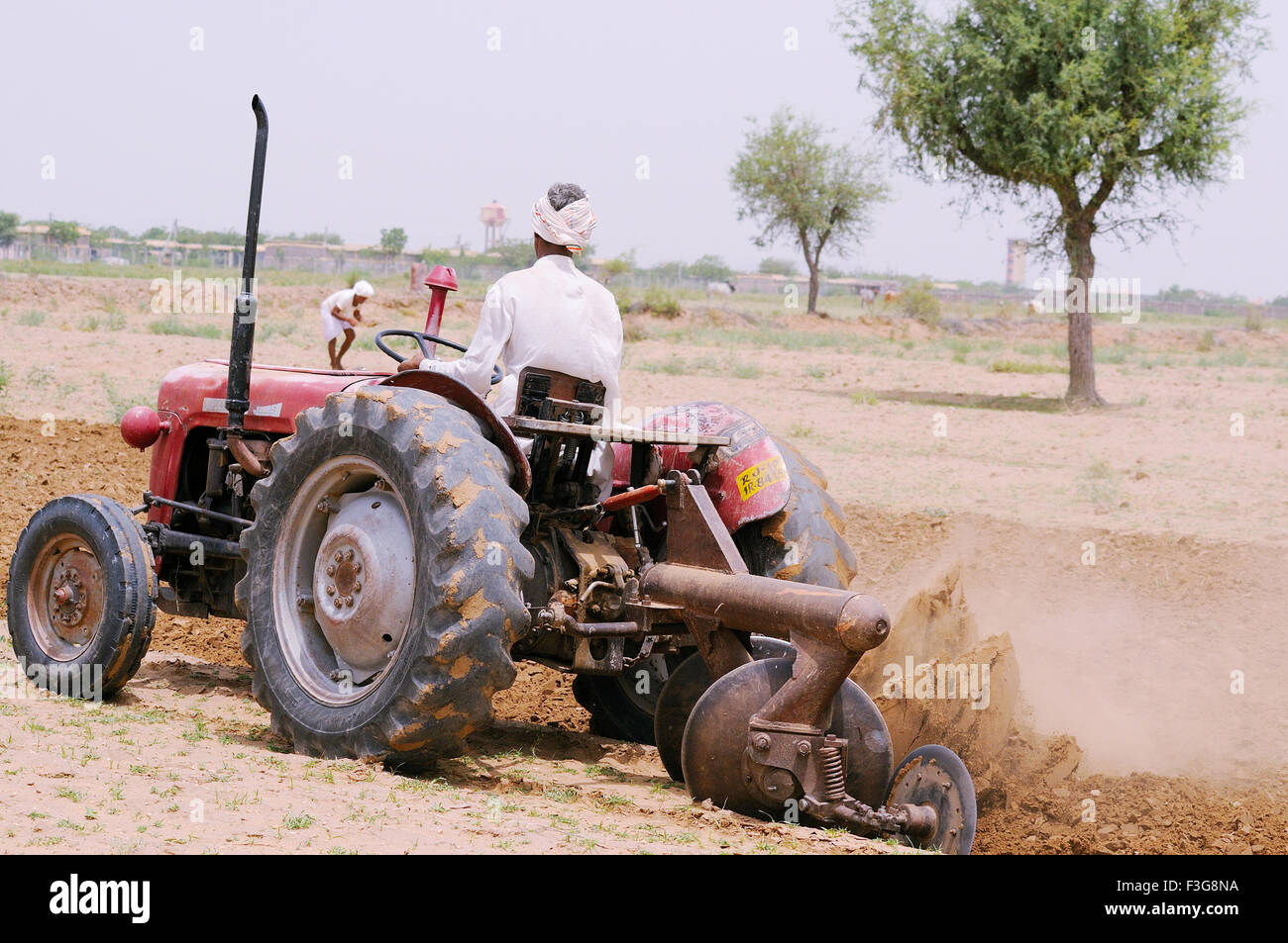 Farmer farming field with tractor ; Jajiwal ; Jodhpur ; Rajasthan ...