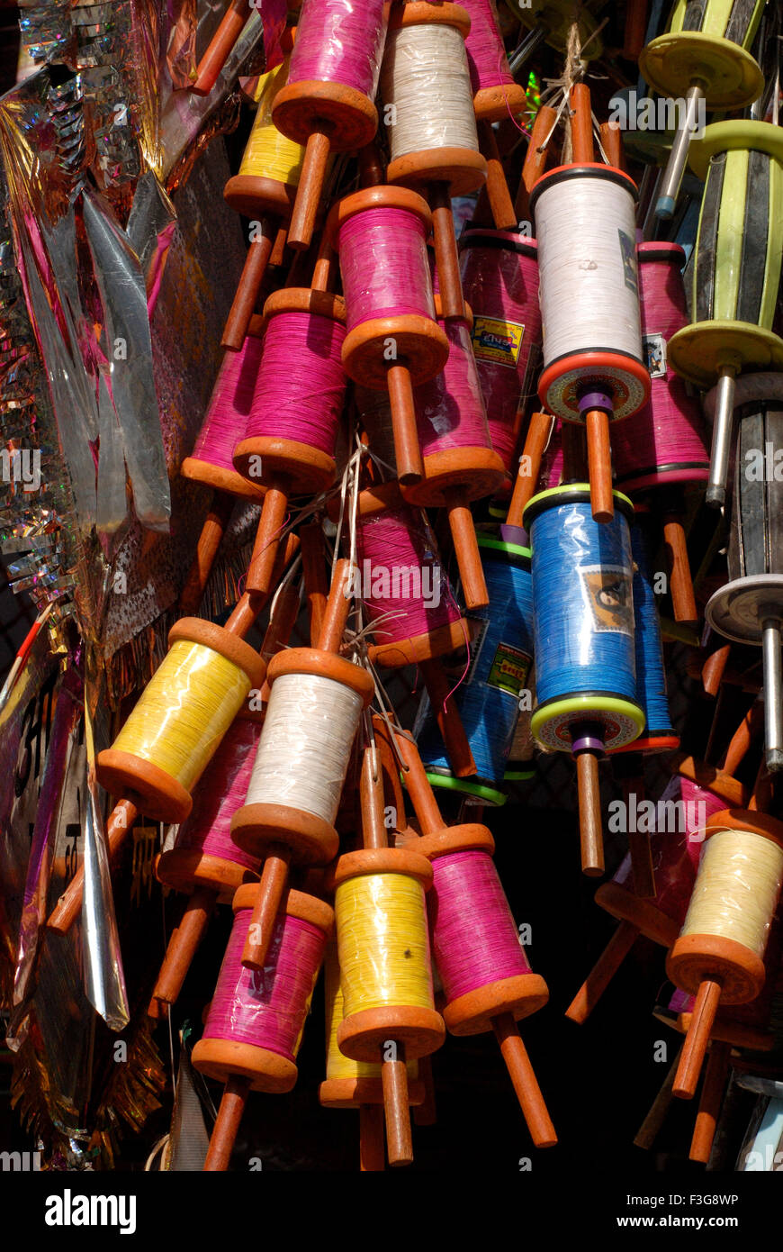 Reels of colourful manja kept for sell to celebrate Makara Sankranti ...