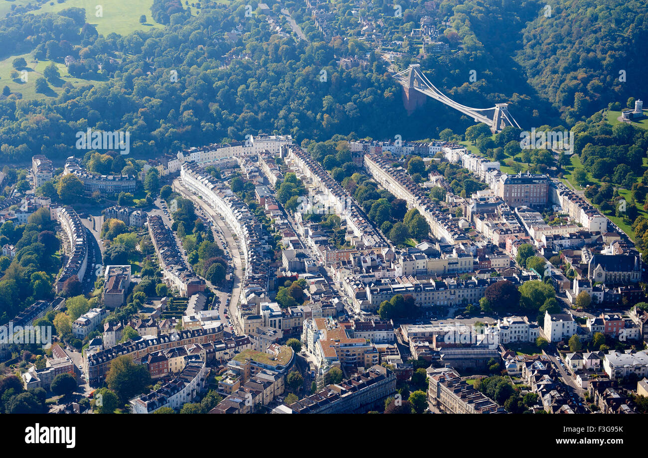 An aerial view of Clifton, Bristol, and the Clifton Suspension Bridge ...