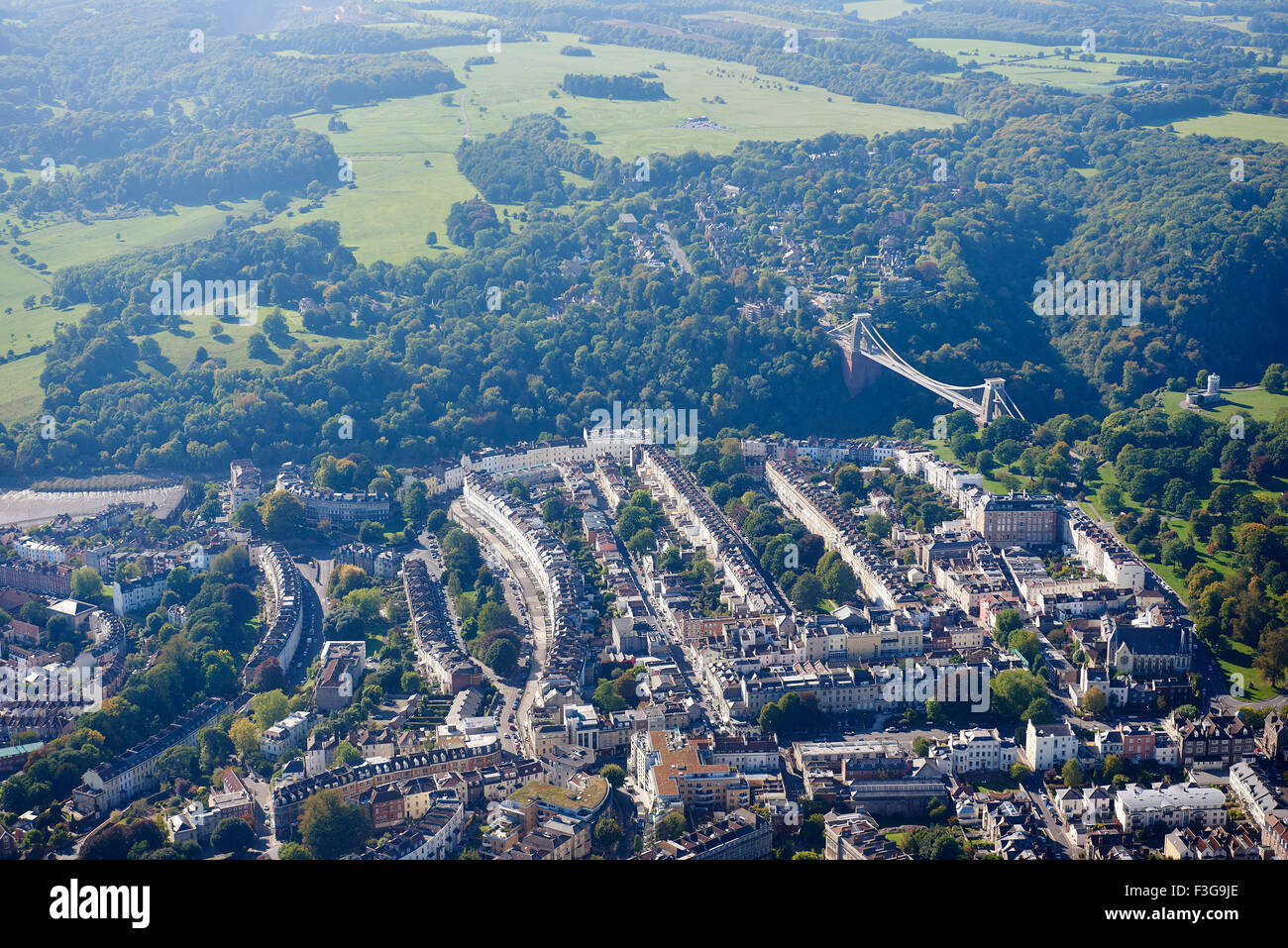 An aerial view of Clifton, Bristol, and the Clifton Suspension Bridge ...