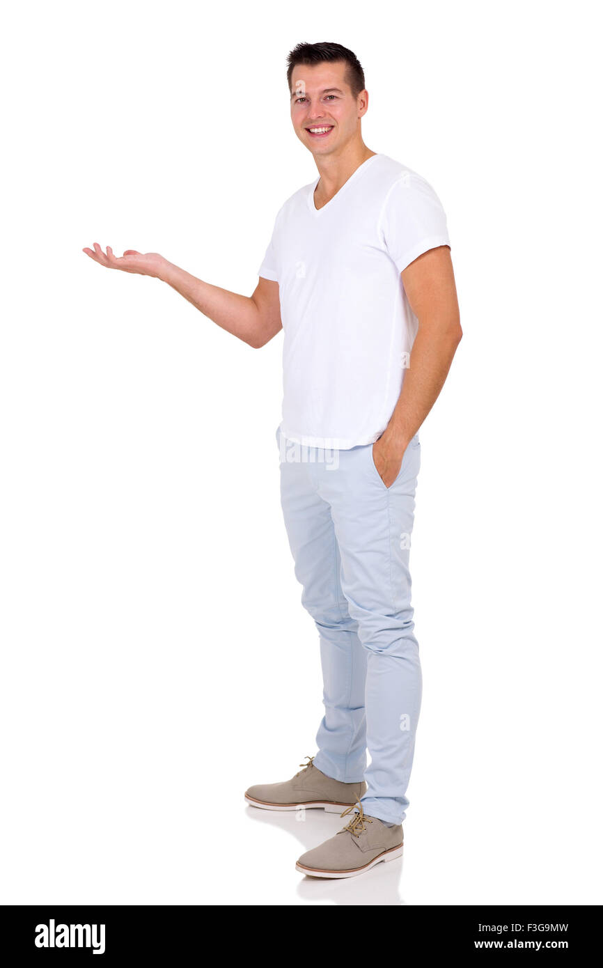 portrait of man showing empty space on white background Stock Photo - Alamy