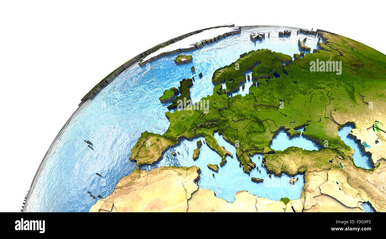 Europe on highly detailed planet Earth with embossed continents and ...