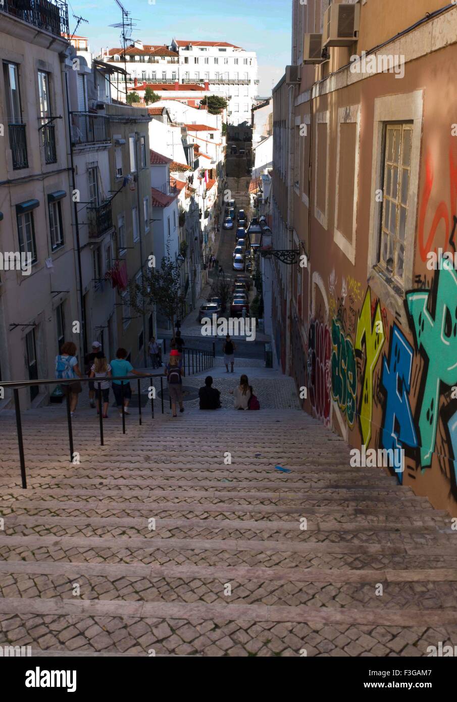 LISBON, PORTUGAL - OCTOBER 23 2014: Deep slope stairway in Baixa ...