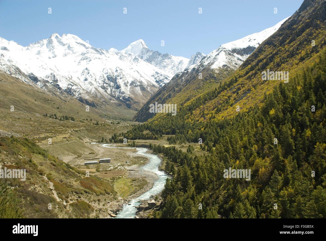 Kinner Kailash snow covered mountain range at Chitkul ; Sangla Valley ...