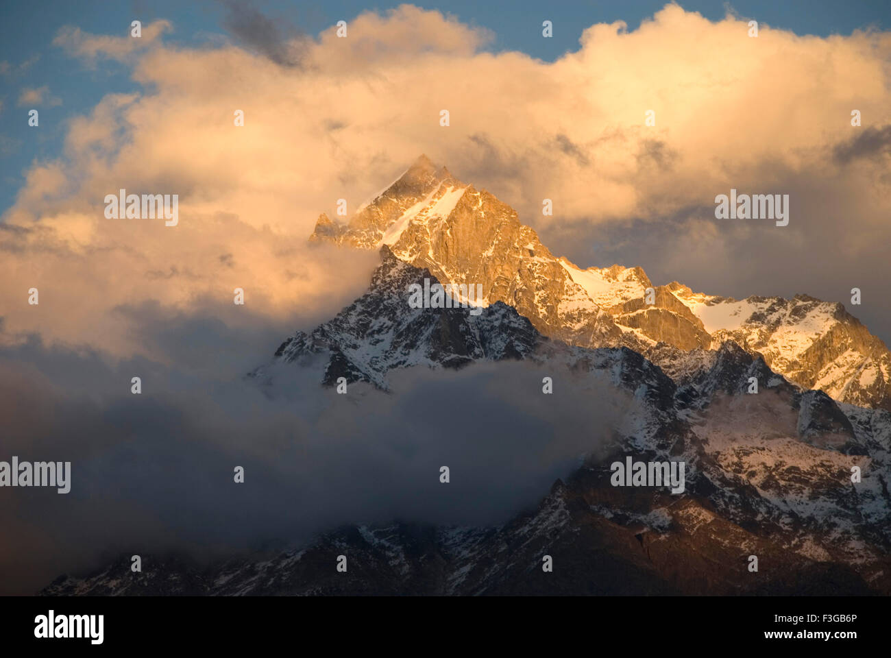 Kinner Kailash snow covered mountain range at Chitkul ; Sangla Valley ...