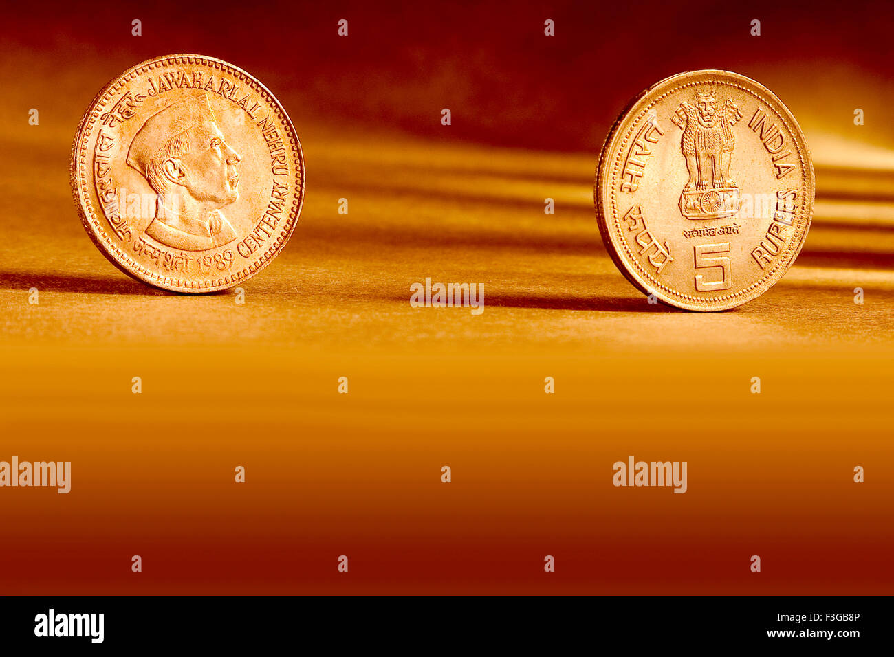 Double pair Indian currency five rupees coin front side and backside ...