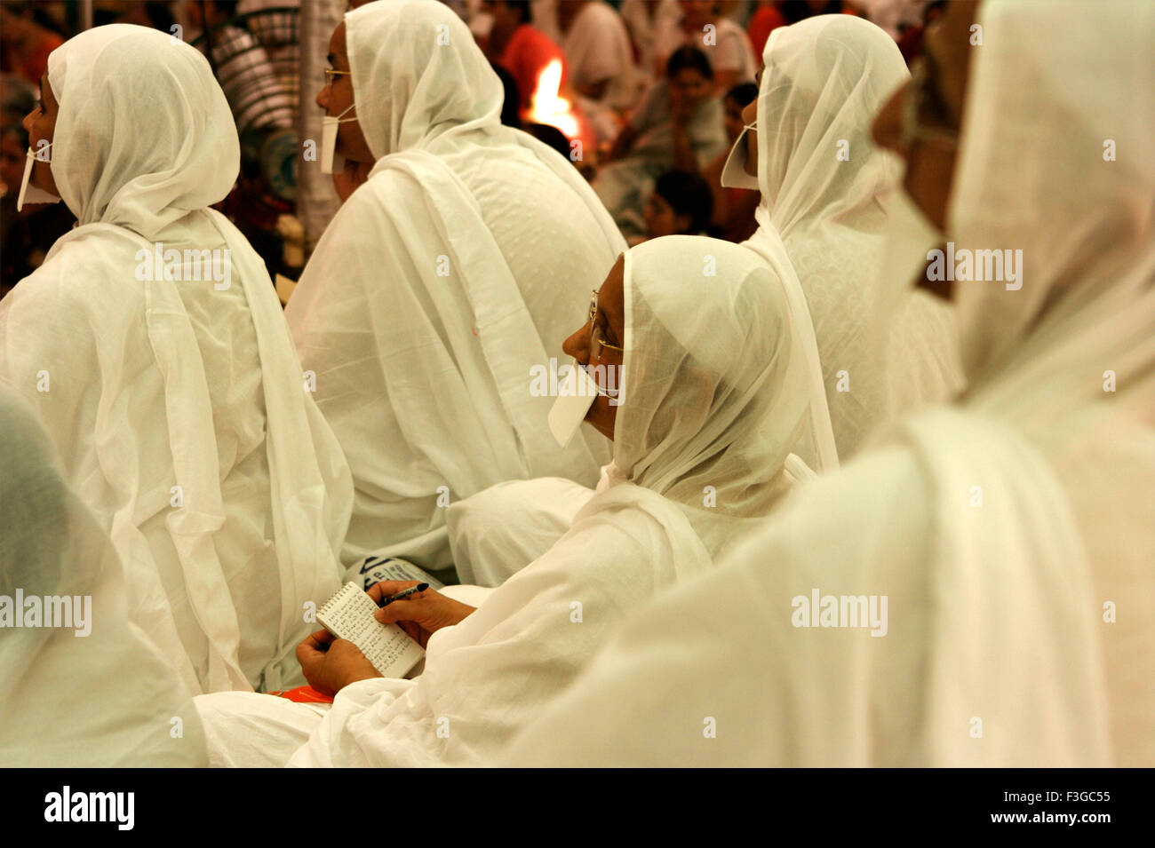 Five Jain Sadhvis lady monks in white saris at Conference ; Bombay ...