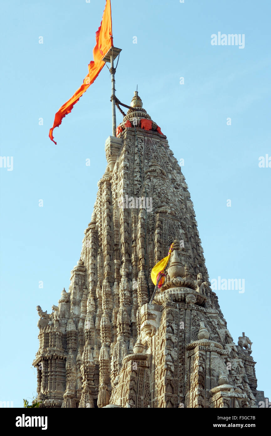 Dome with orange flag of dwarkadeesh at dwarka district ; Jamnagar ...