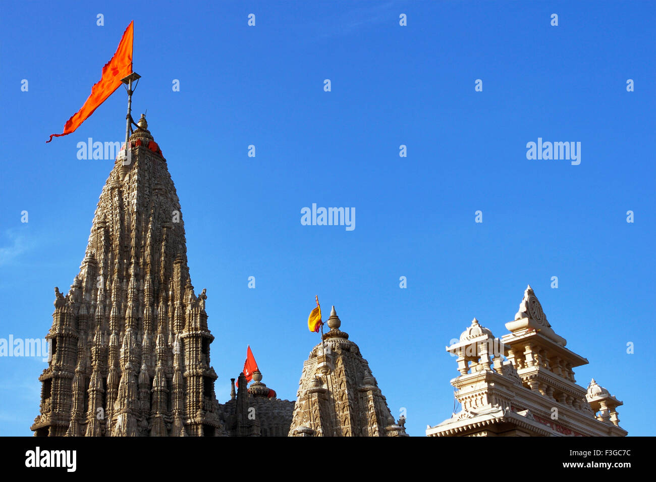 Dome with orange flag of dwarkadeesh at dwarka district ; Jamnagar ...