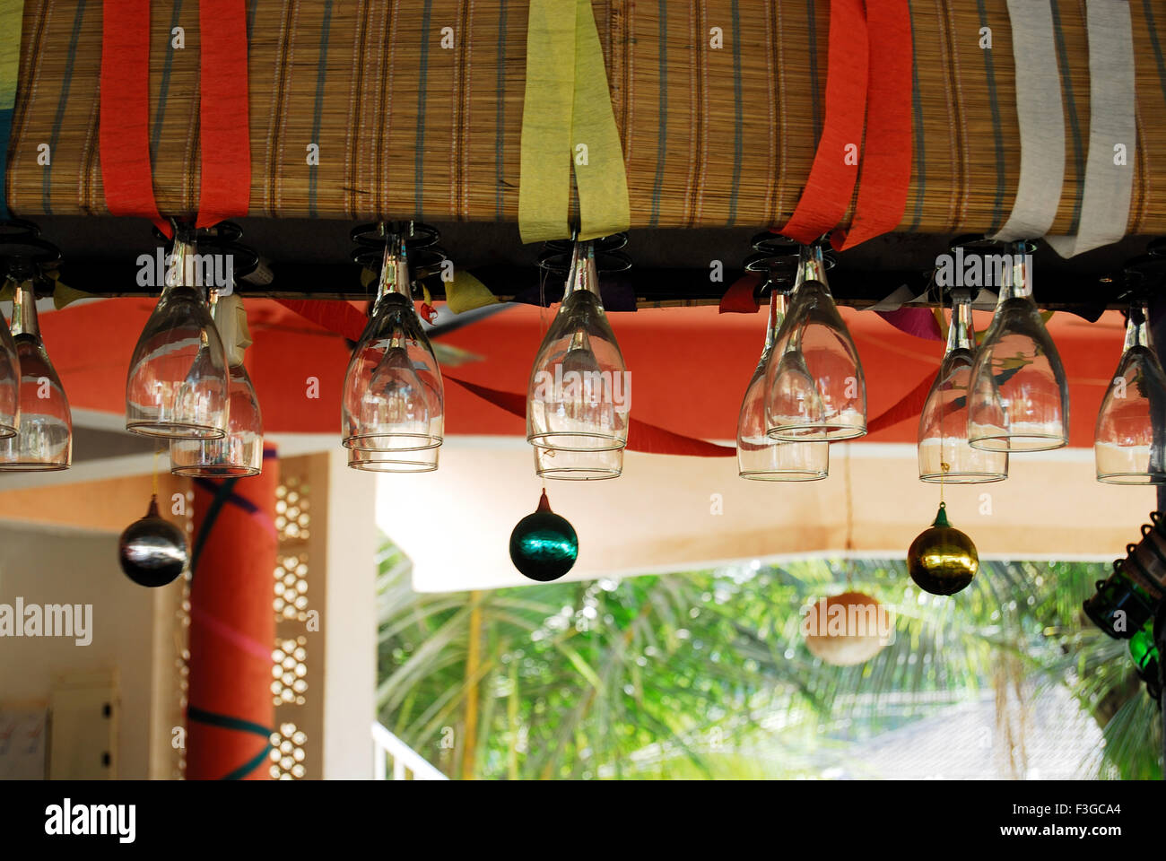 Wine glass display decoration in bar in Panaji ; Goa ; India ; Asia ...