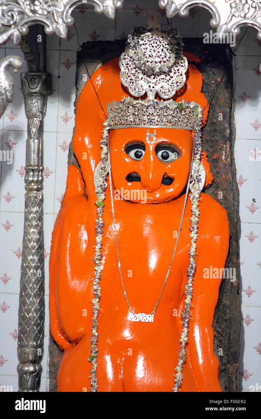 Lord Hanuman idol with silver crown ; Hanuman Temple ; Kutch ; Gujarat ...