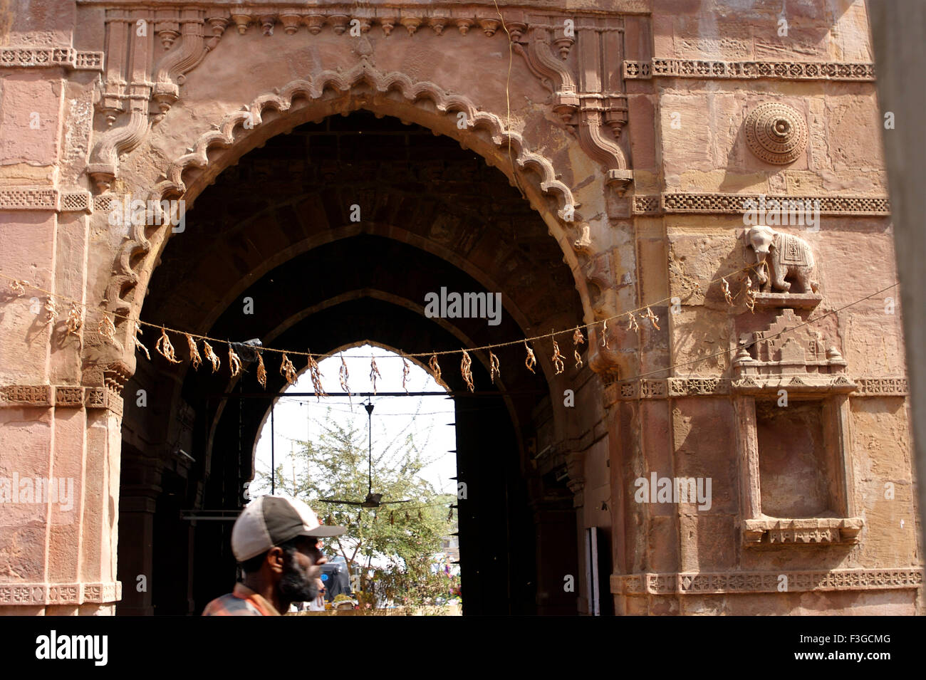 Stone carved elephant at the entrance of bhid naka ; kutch ; Gujarat ...
