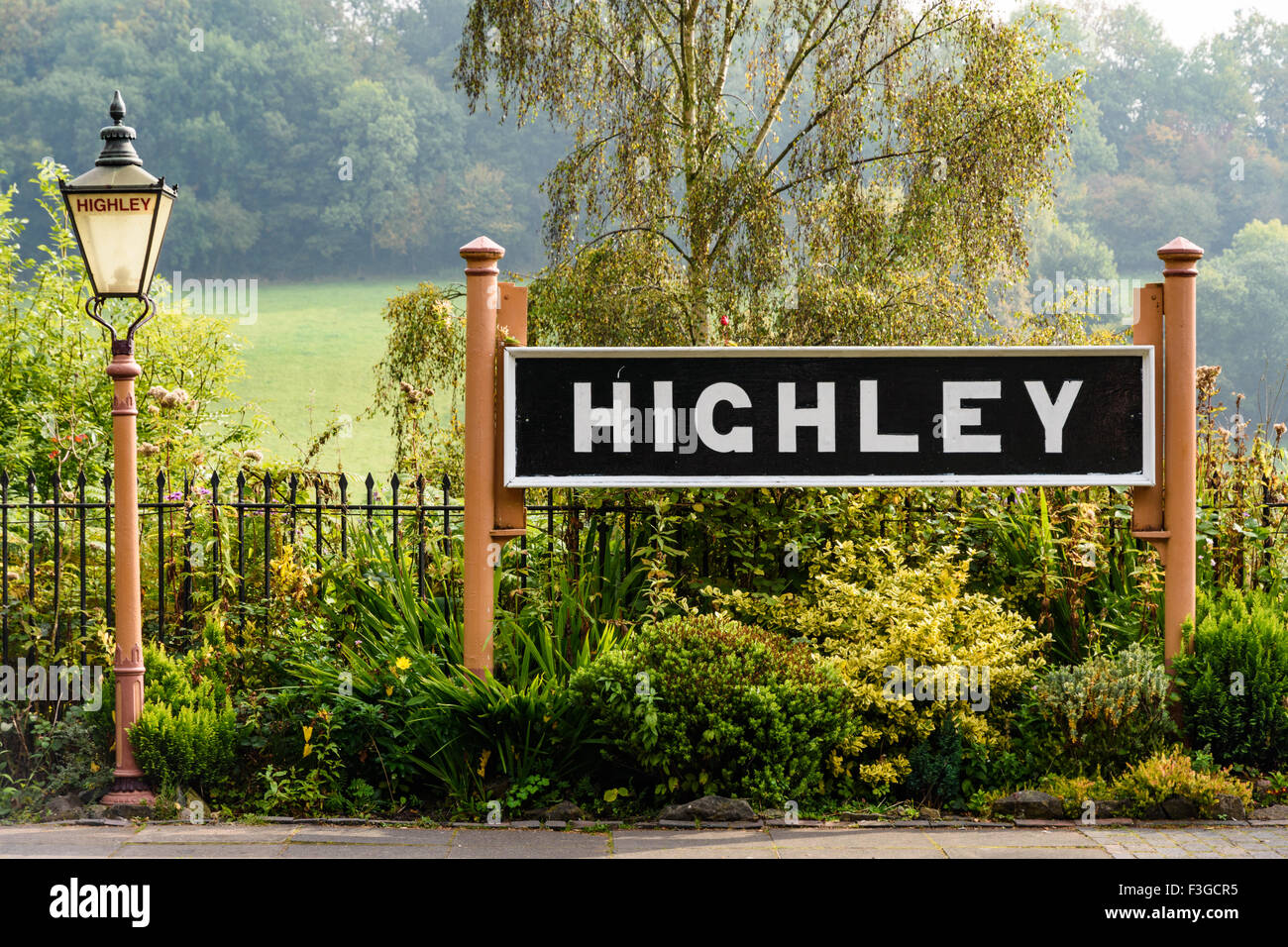 Station sign and lamp post at Highley train station recreating a travel ...