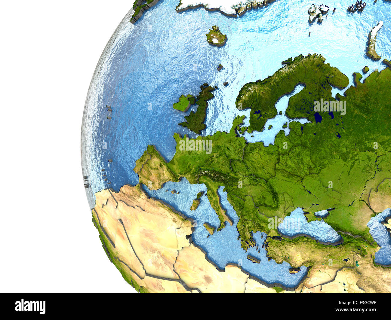 Europe on highly detailed planet Earth with embossed continents and ...