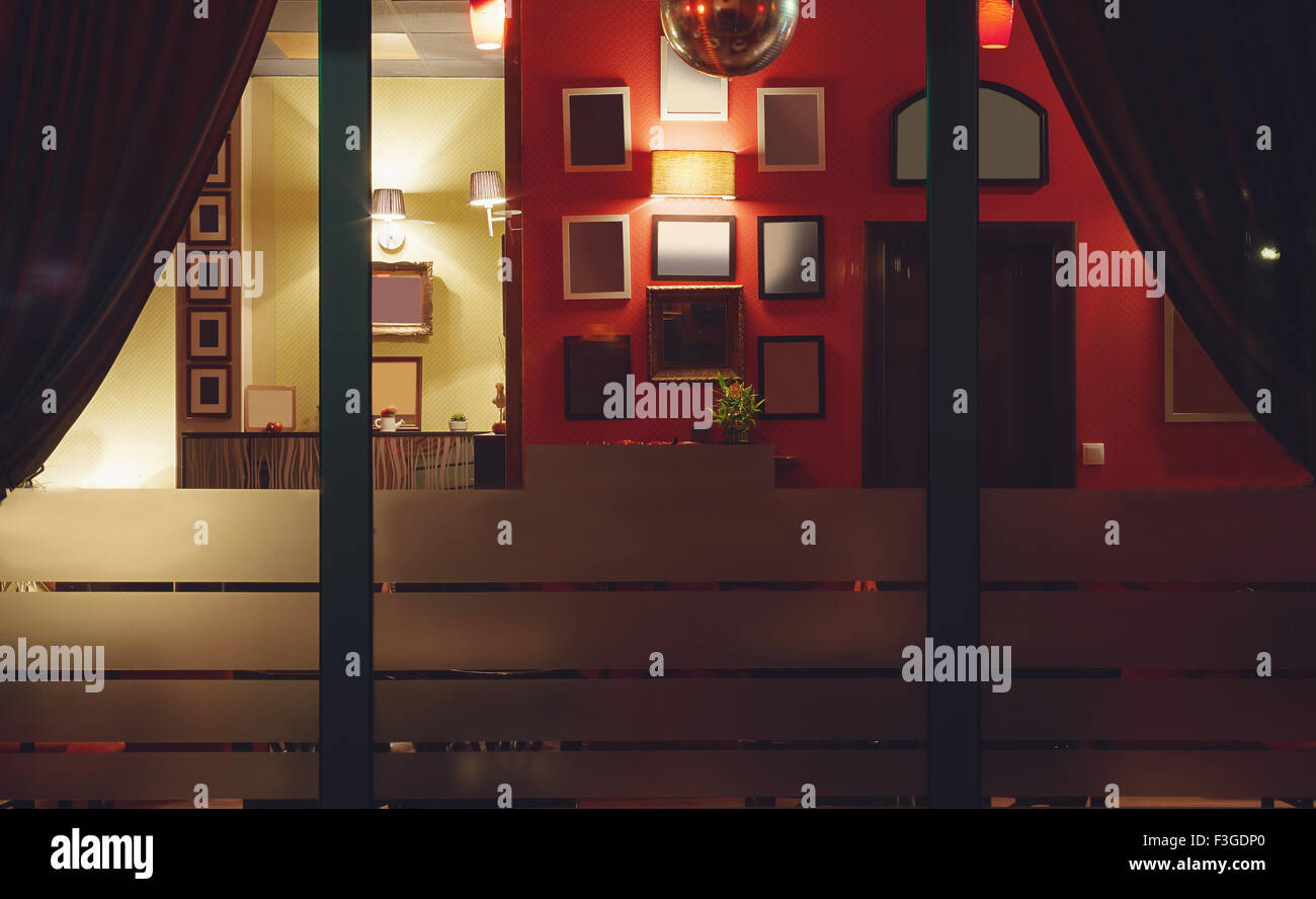 Interior of a cafe, retro design, night scene Stock Photo - Alamy