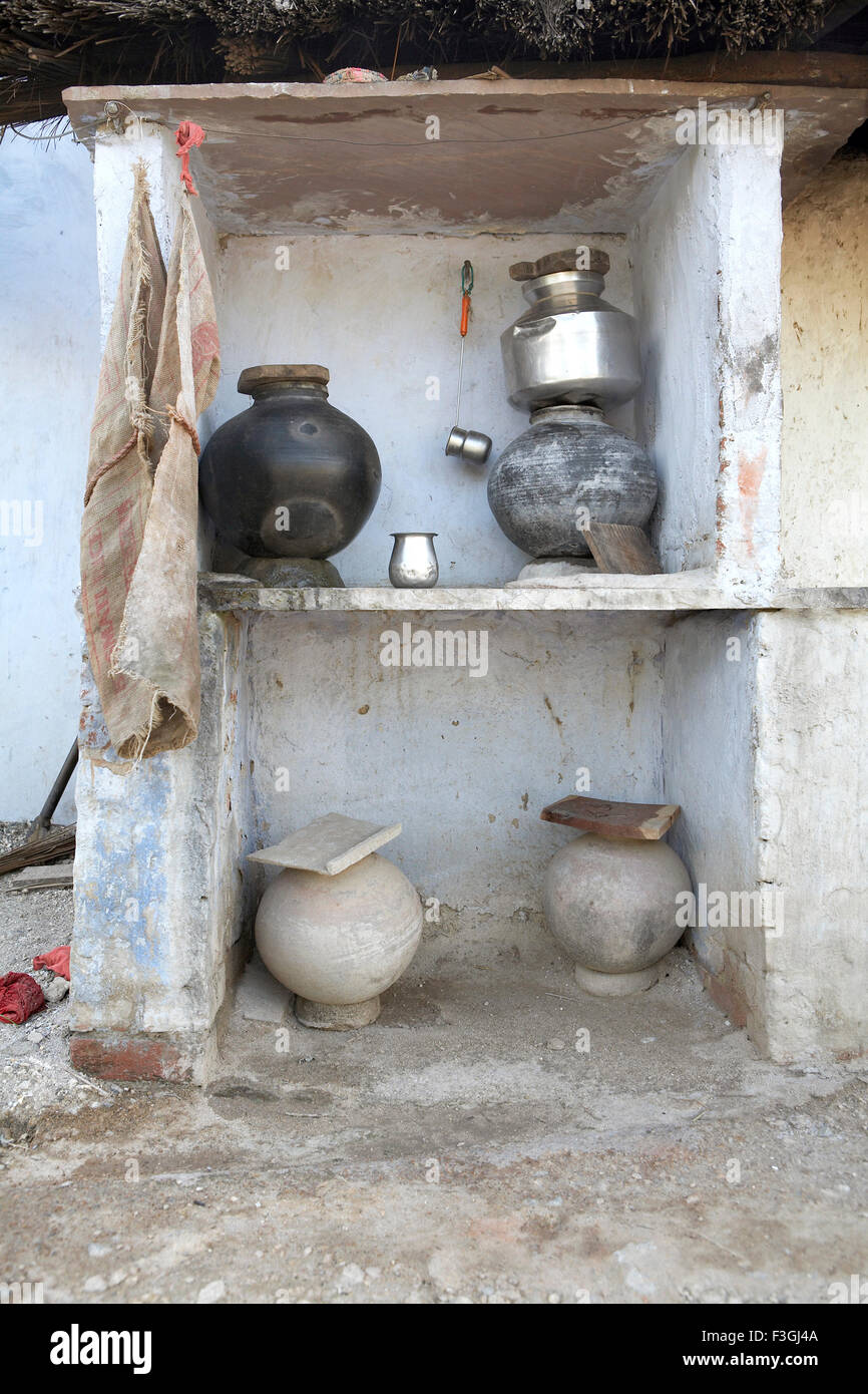 Drinking water pots storage place in a village ; Rajasthan ; India ...
