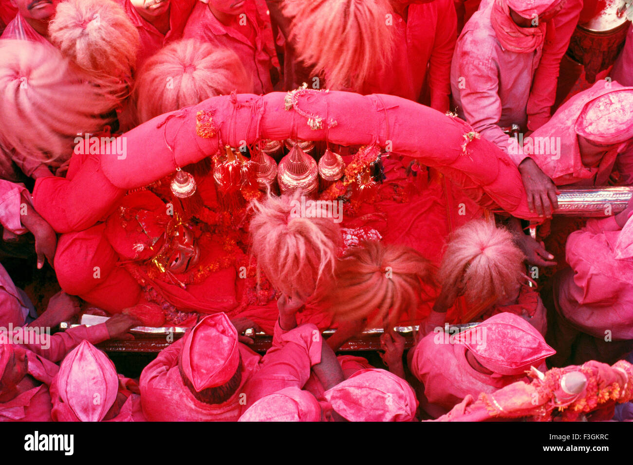 Devotees of Lord Maskoba or Mhasoba performing a ritual ; Maharashtra ...