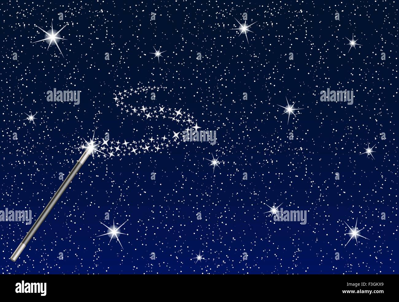 Winter night with falling snowflakes, magic wand and silver stream of ...
