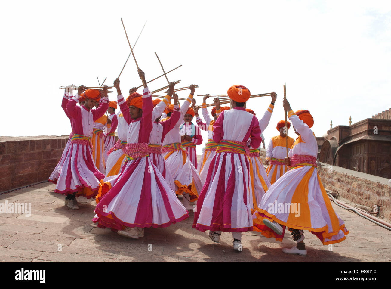 Gair dance on roof of Mehrangarh fort gate ; Jodhpur ; Rajasthan ...