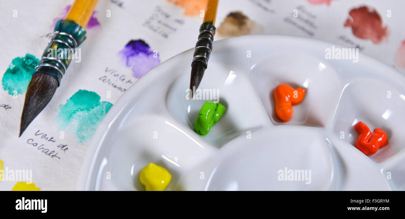 Artist's hand applying paint gouache on the drawing sheet Stock Photo ...