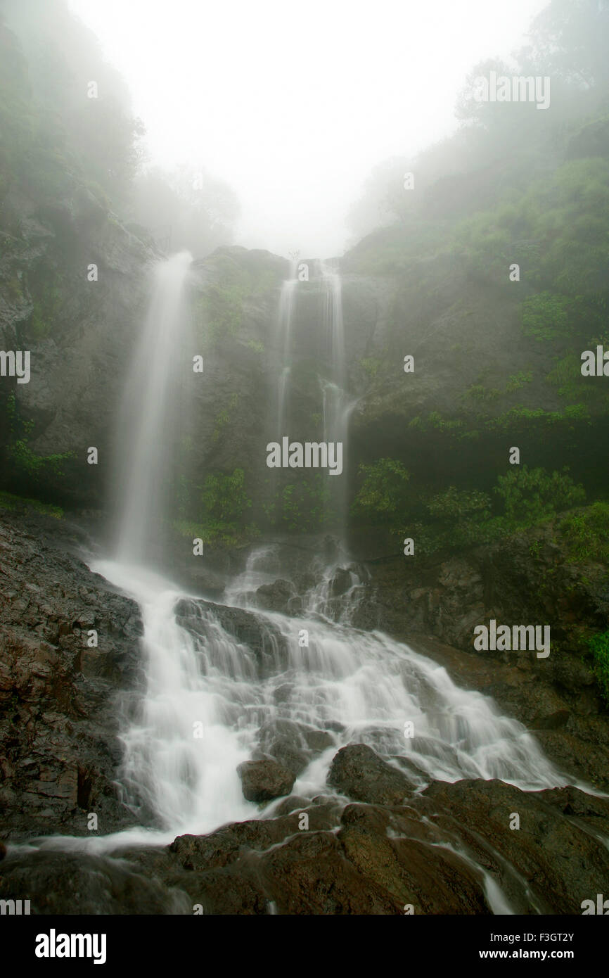 Natural beauty of cascading waterfall in monsoon fog ; Mahableshwar ...