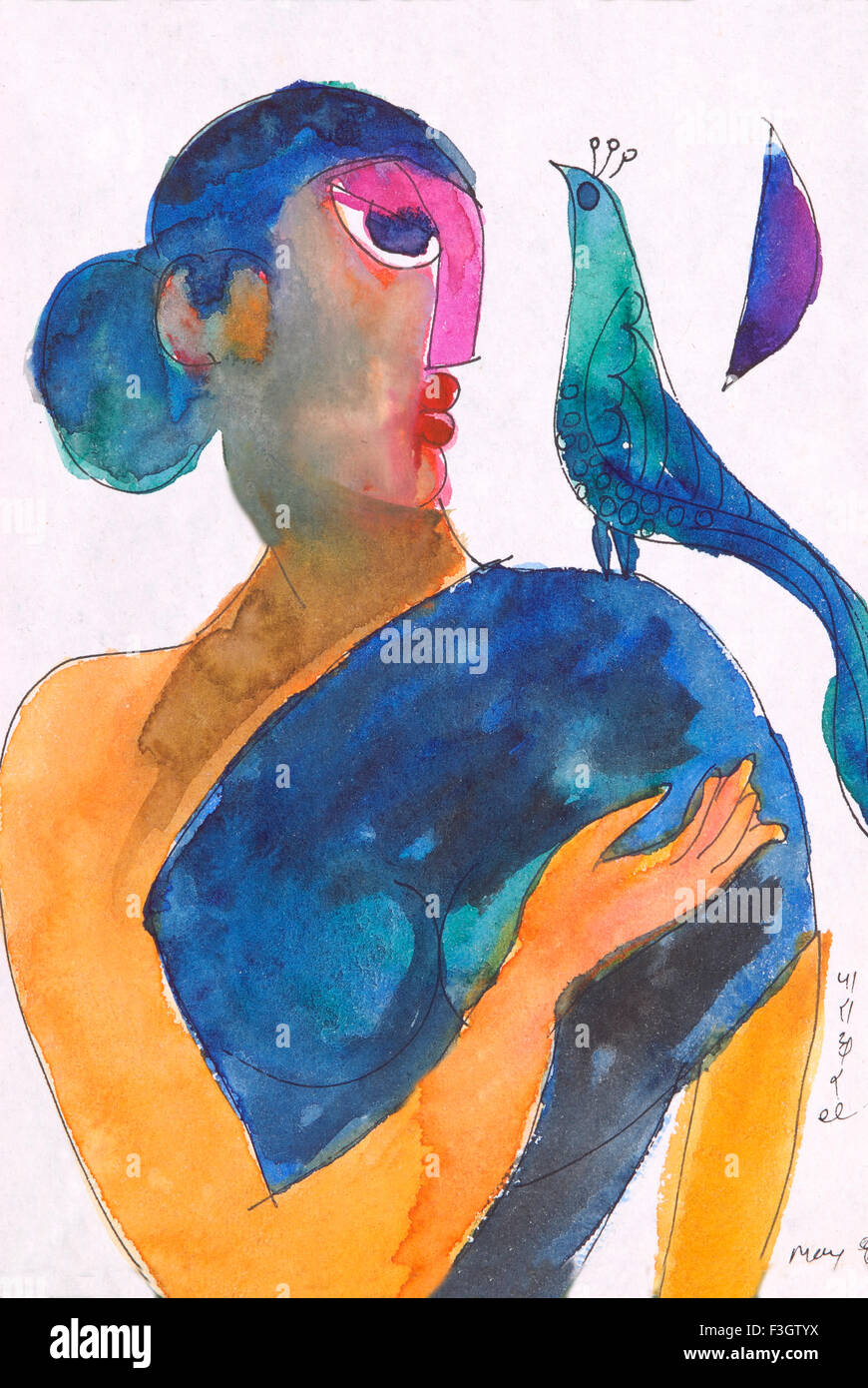Relation woman talking with bird watercolor on handmade paper Stock ...