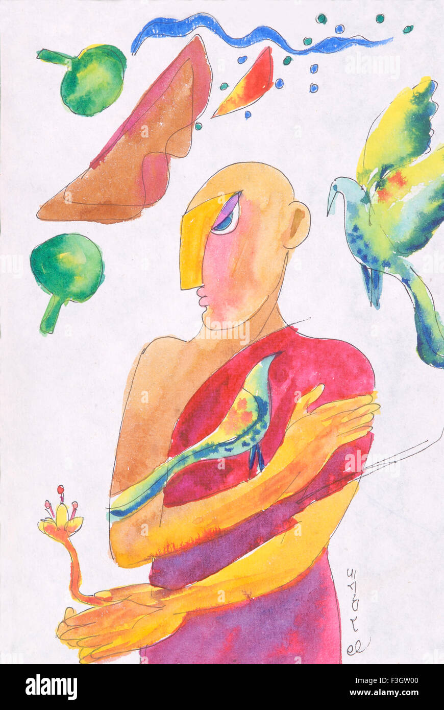 Offering man with birds and mountains watercolor on handmade paper ...