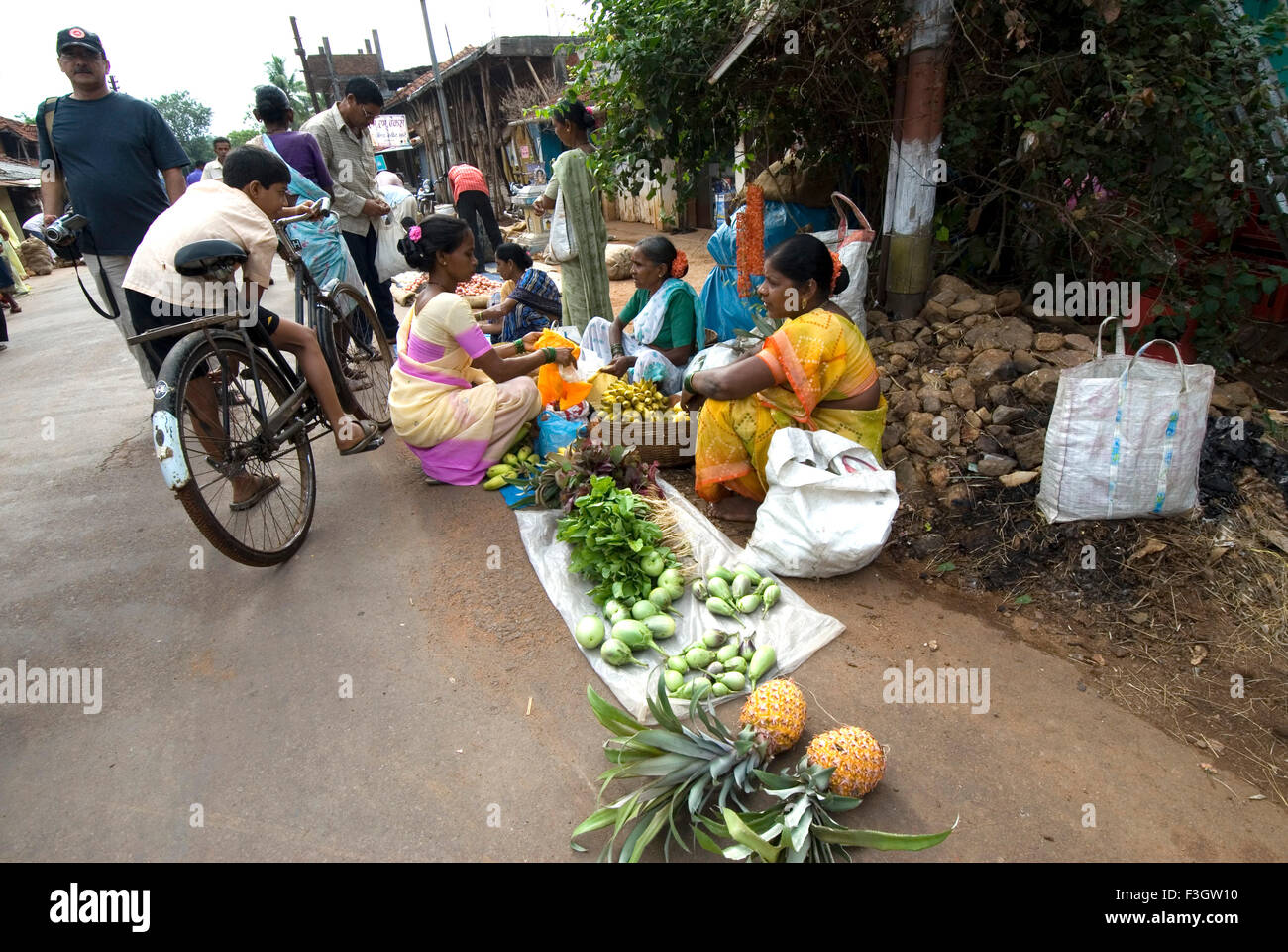 Lady hawker selling her fruits in the weekly bazaar of village kudal ...