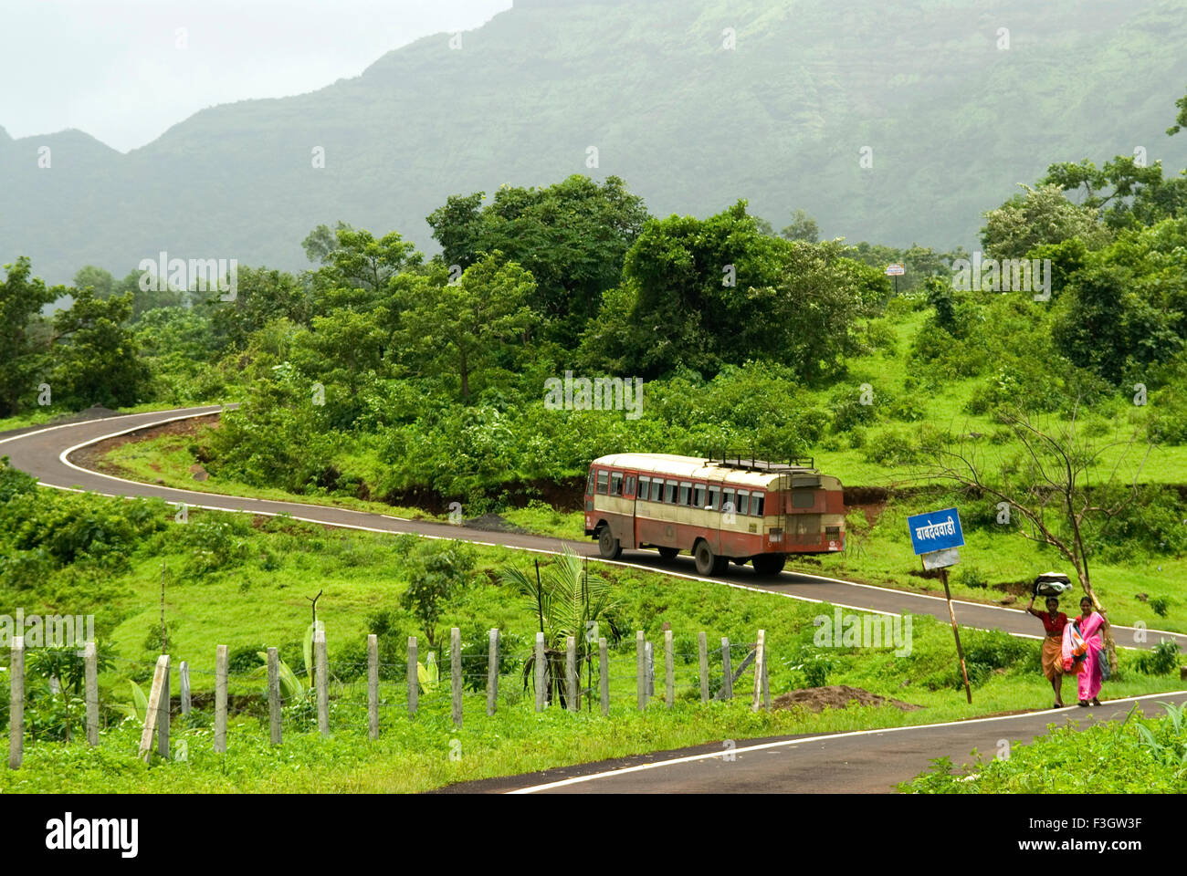 State transport ST bus in village in mountains of Taluka Panvel ...
