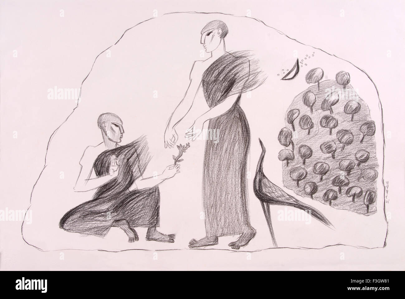 Illustration ; man offering a flower to his guru ; charcoal pencil ...