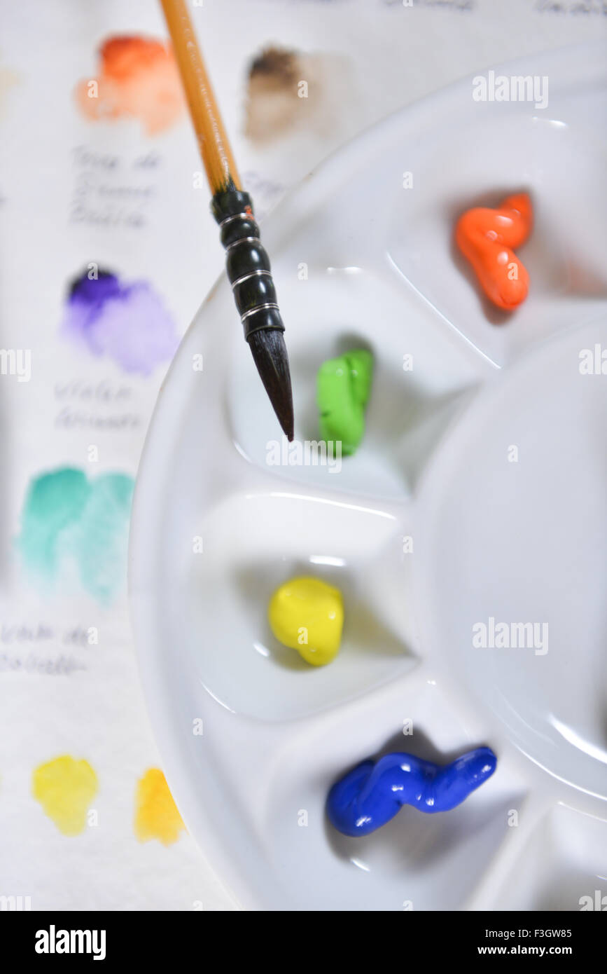 Artist's hand applying paint gouache on the drawing sheet Stock Photo ...