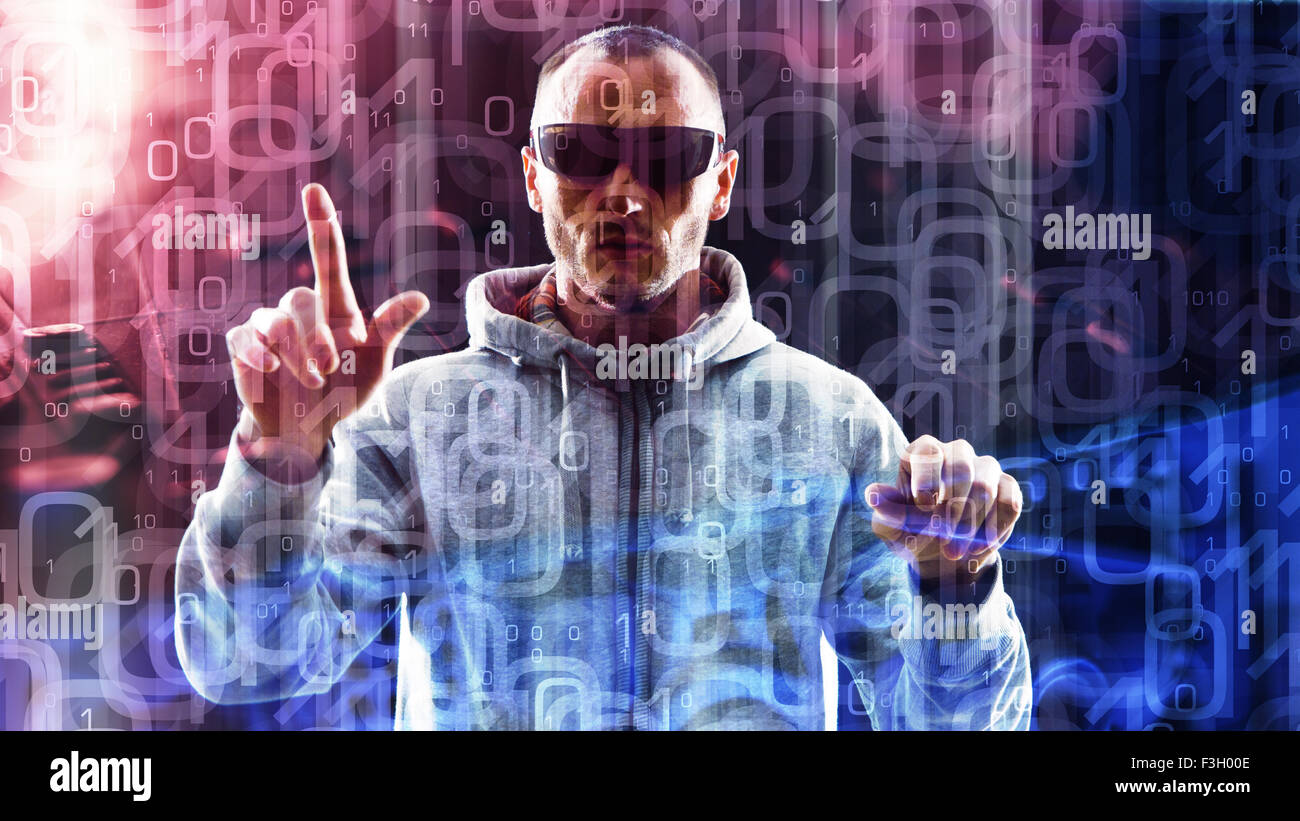 Computer hacker typing on hologram computer futuristic cyber attack ...