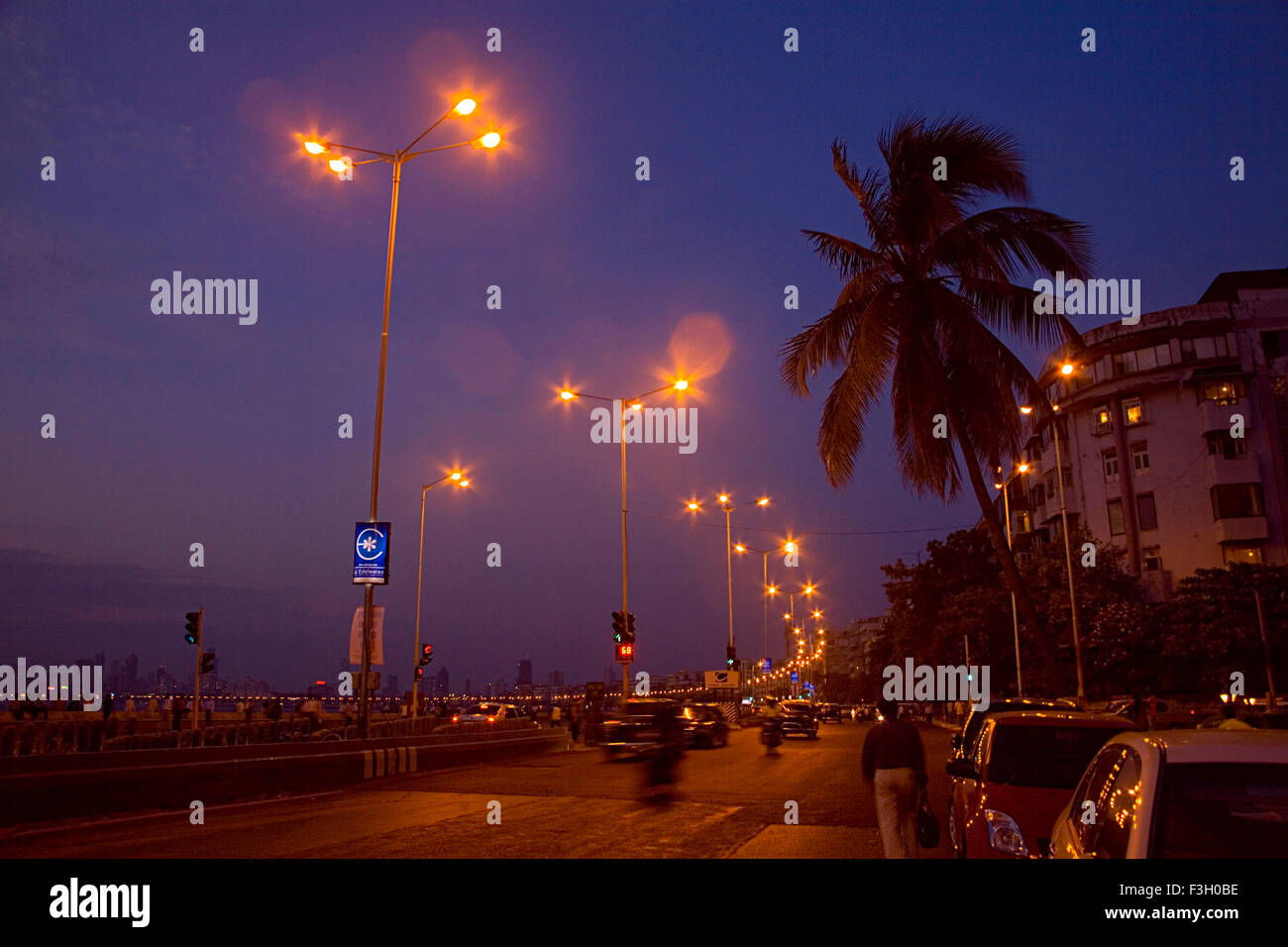 Traffic Signal on city street with street light lighting ; Marine Drive ...