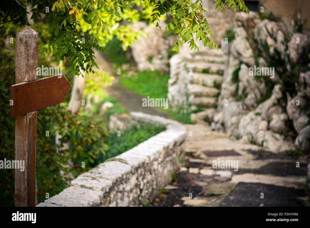 wooden sign indicating a direction in the background with a path Stock ...