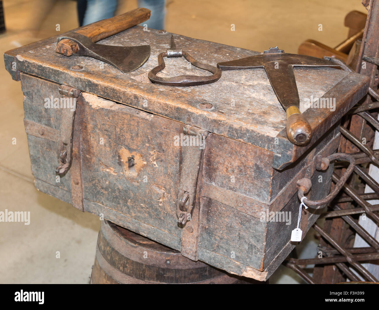 old rural rusty tools above antique wooden box Stock Photo - Alamy