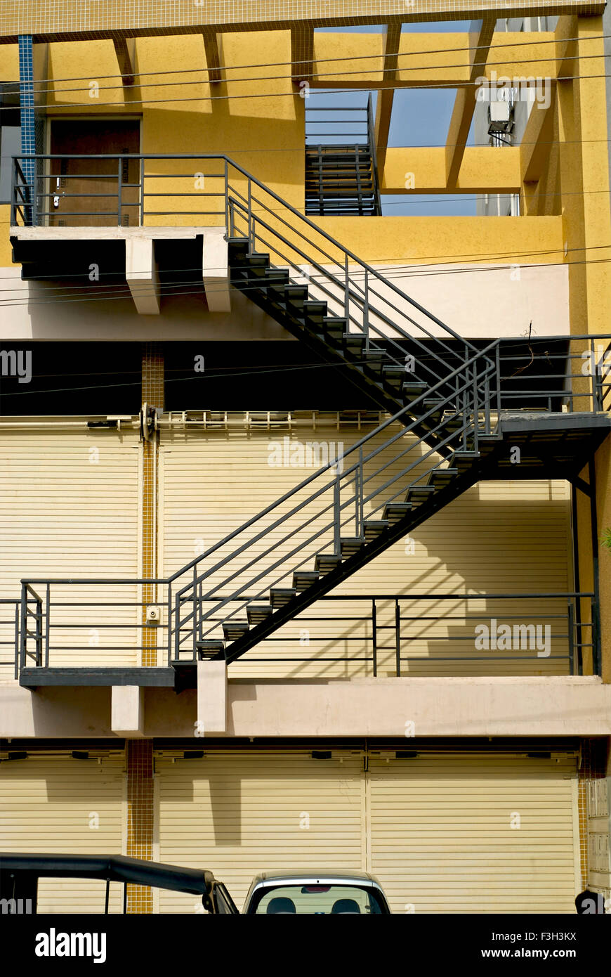 Open steel stair case of a commercial building at ; Rajkot ; Gujarat ...