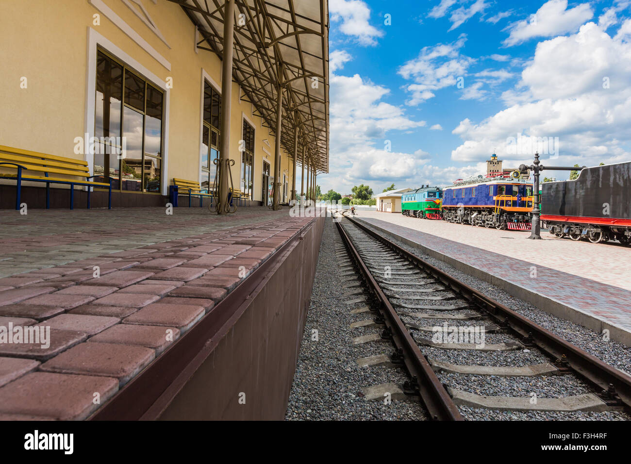 vintage railway station platform with old trains Stock Photo - Alamy
