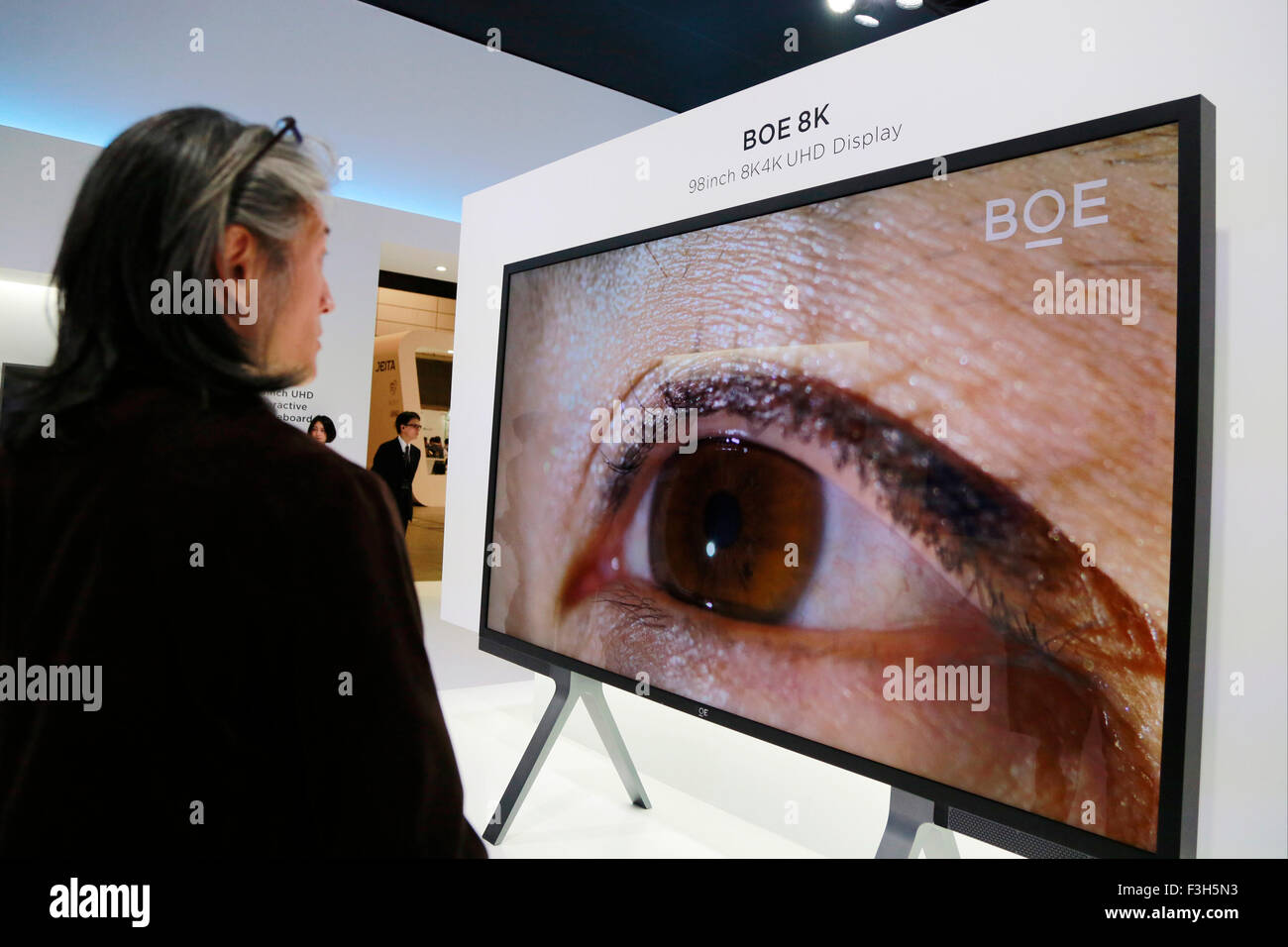 A visitor looks at the ''BOE 8K UHD'' display at CEATEC Japan 2015 on October 7, 2015, Tokyo ...