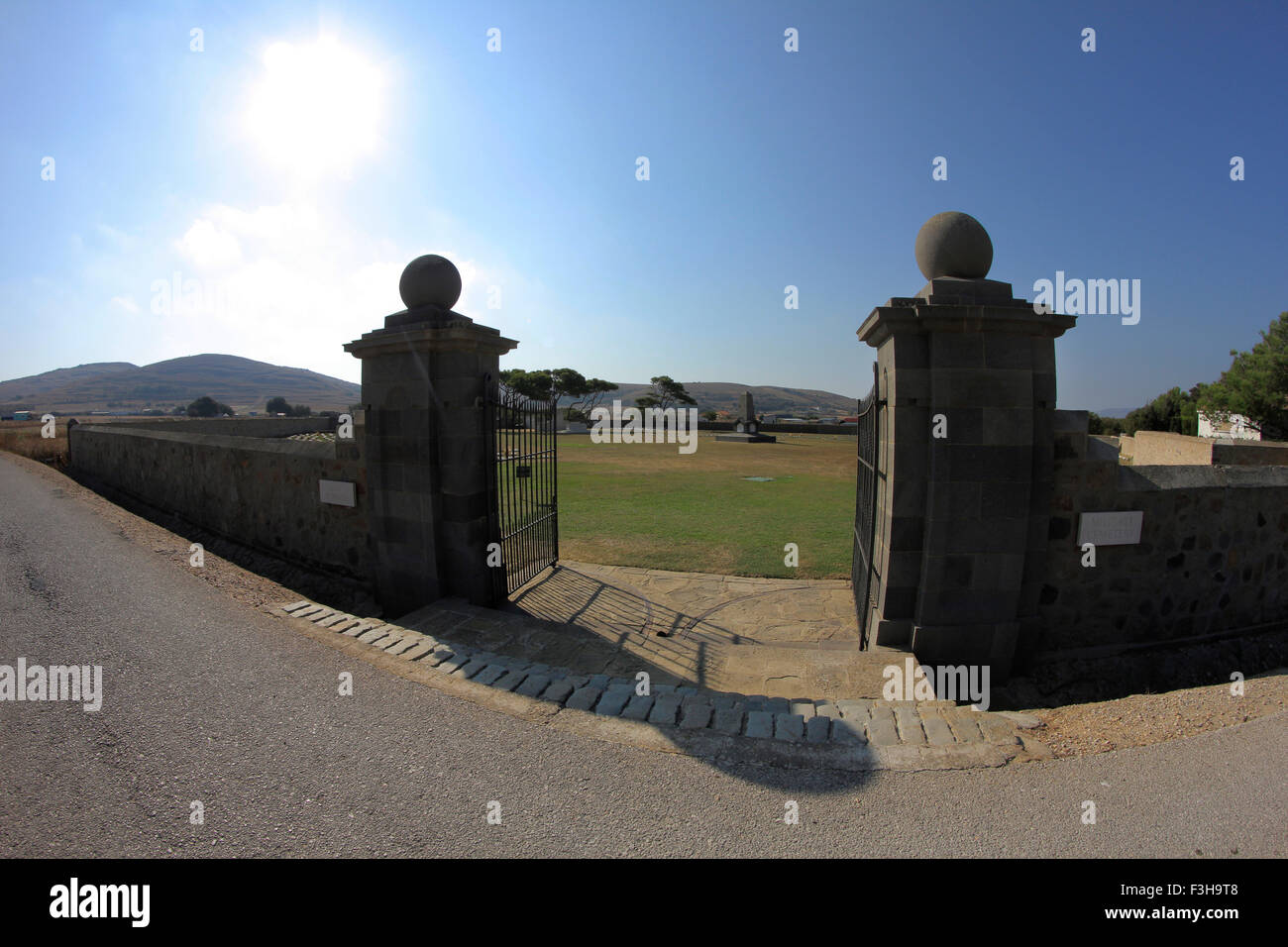 The entrance boundary stone wall of the CWGC East Mudros military ...
