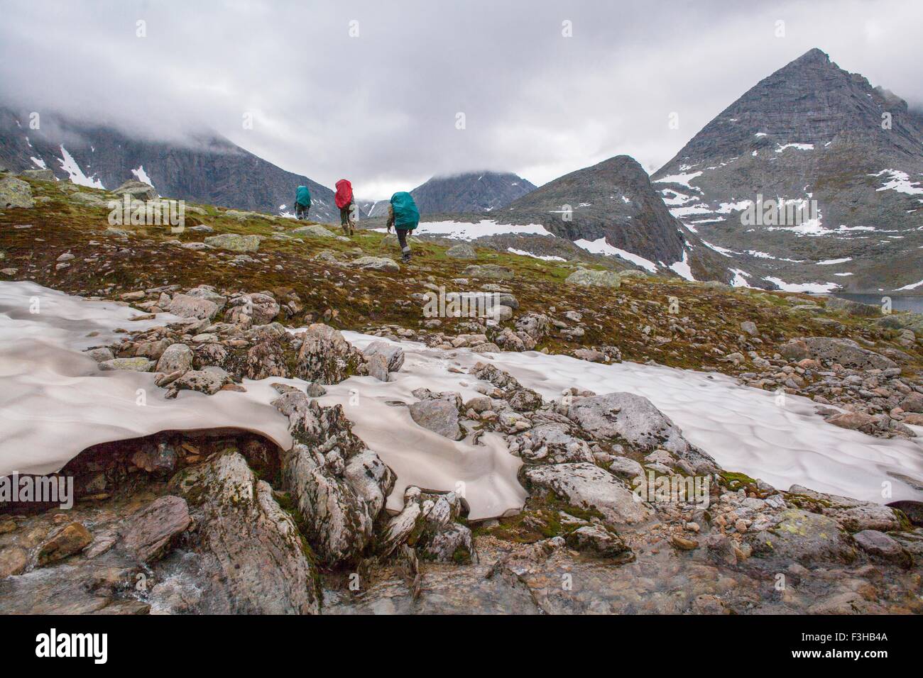 Rear view of three hikers hiking across frozen landscape, Ural ...